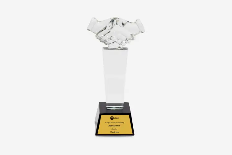 Glass Handshake Trophy | Buy Custom Gold Awards | Printo.in
