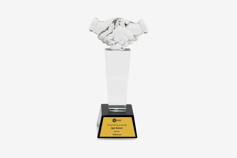 Glass Handshake Trophy | Buy Custom Gold Awards | Printo.in